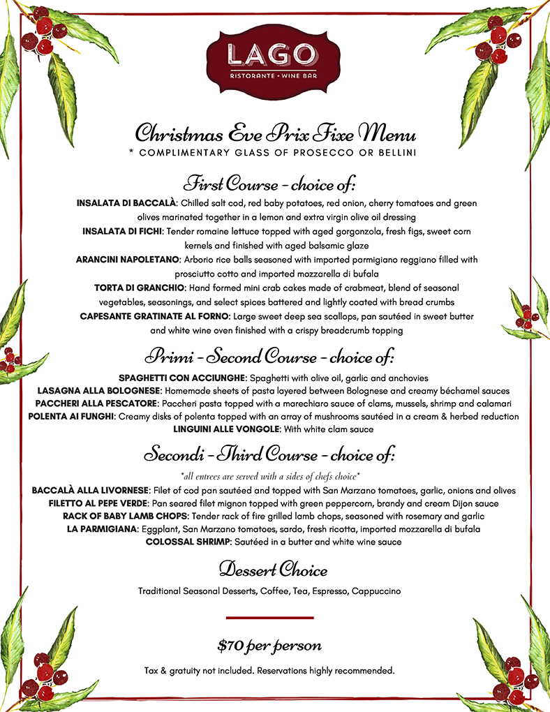 Special Menus | Lago Ristorante & Wine Bar