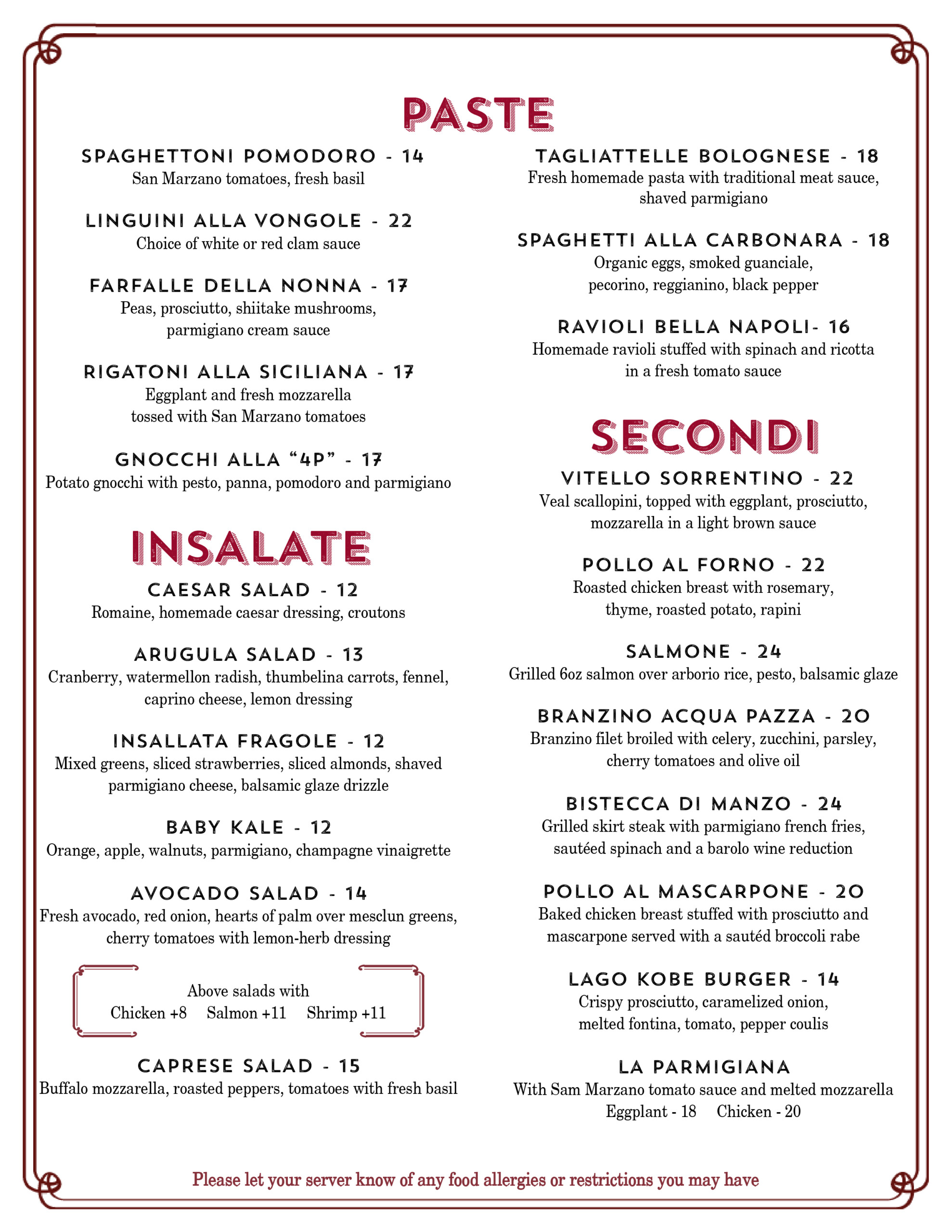Lunch Menu - Lago Ristorante & Wine Bar